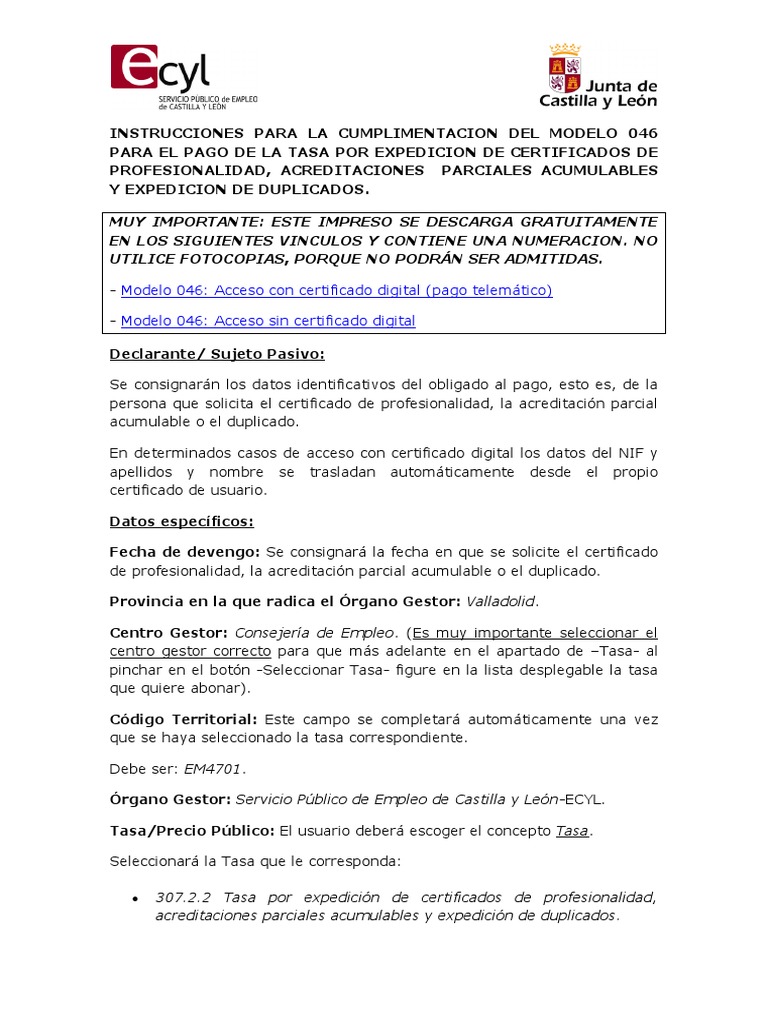 Modelo 046 instrucciones pago tasas certificados | PDF