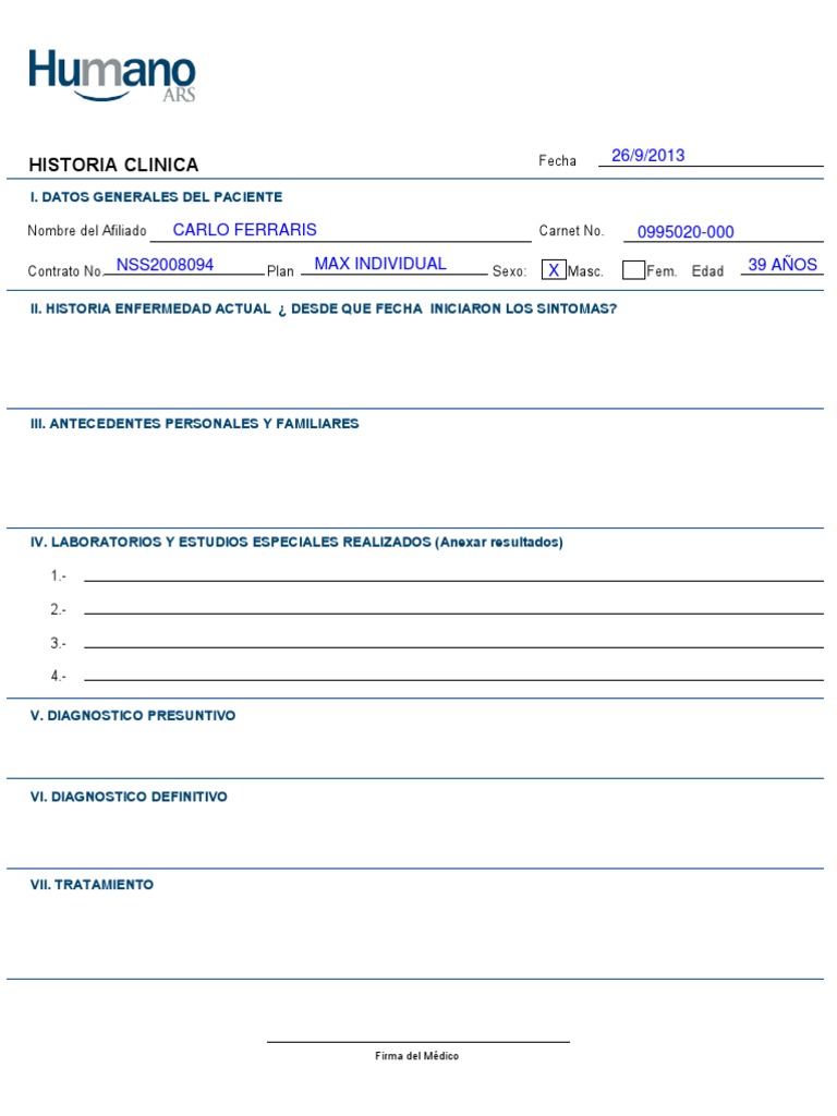 Formulario Historia Clínica - ARS Humano | PDF