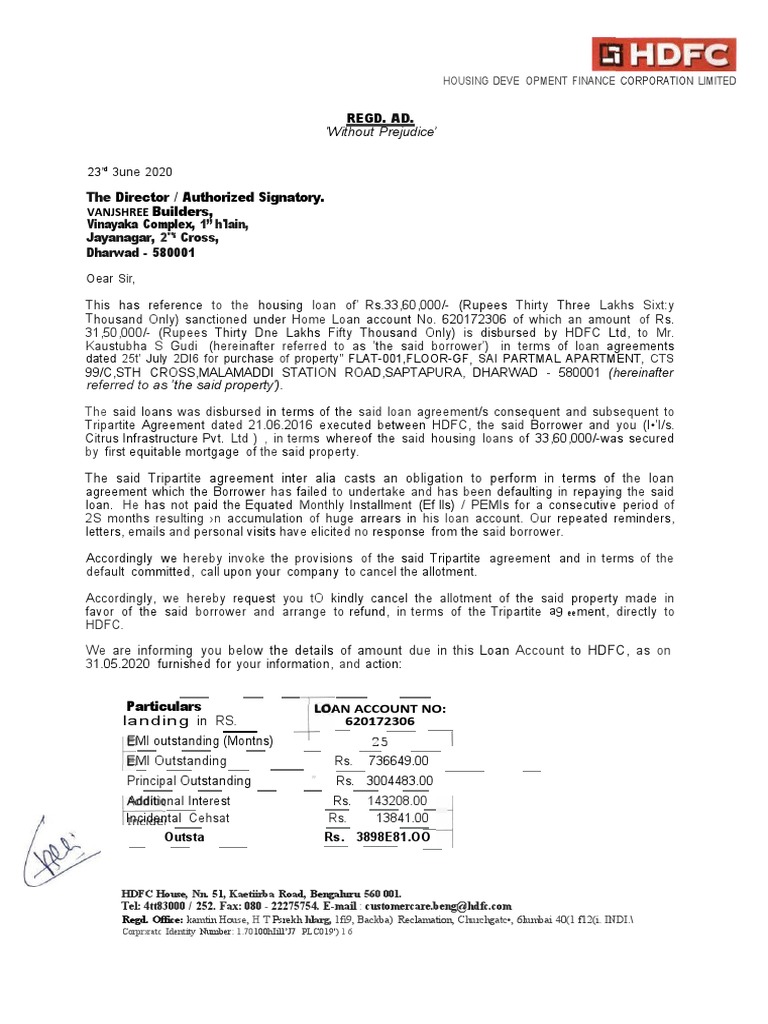 HDFC Loan Default Cancellation Notice | PDF | Loans | Liability ...