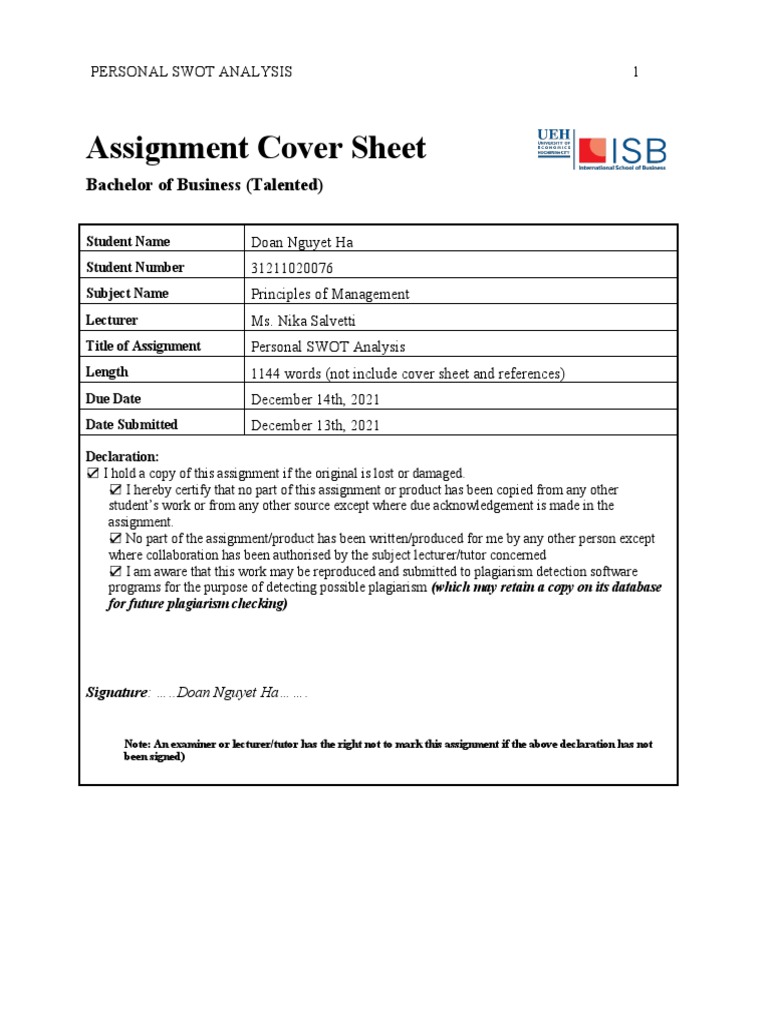 Assignment Cover Sheet: Bachelor of Business (Talented) | PDF ...