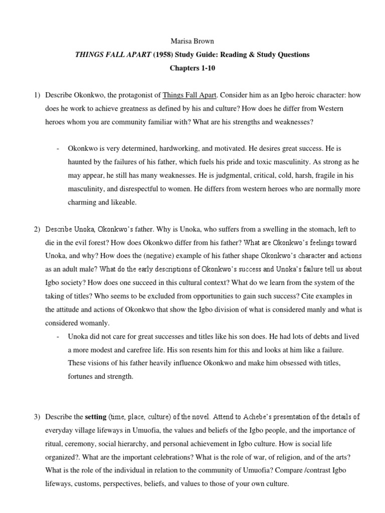 THINGS FALL APART (1958) Study Guide: Reading & Study Questions | PDF ...