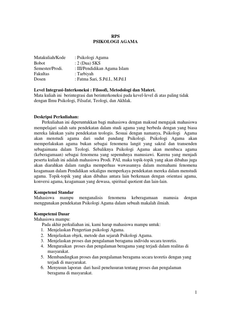 RPS Psikologi Agama, PAI III | PDF