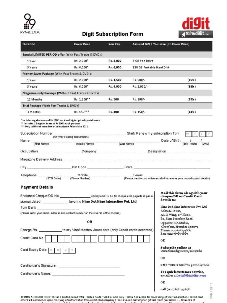 Digit Subscription Form India | PDF | Credit Card | Subscription ...