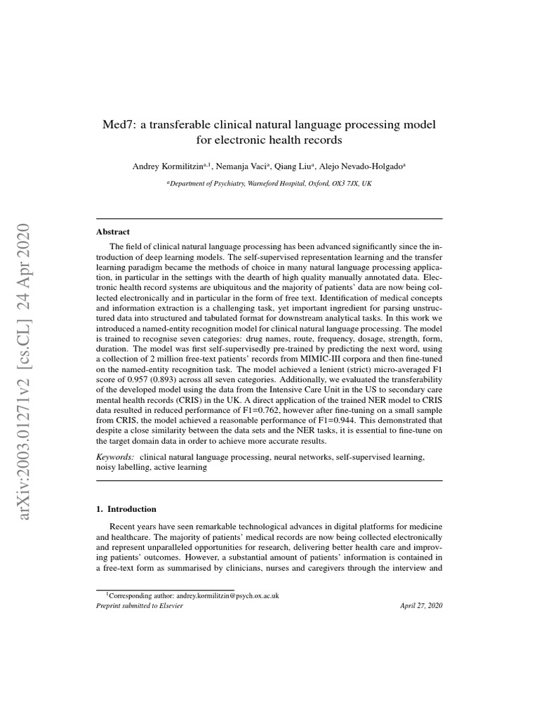 Med7: A Transferable Clinical Natural Language Processing Model For ...