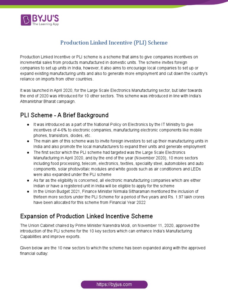 Production Linked Incentive Pli Scheme Pdf Economies