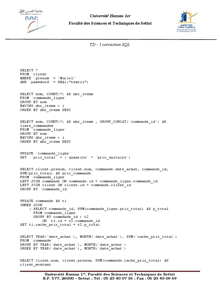 Faculté Des Sciences Et Techniques de Settat: TD - 3 Correction SQL | Descargar gratis PDF ...