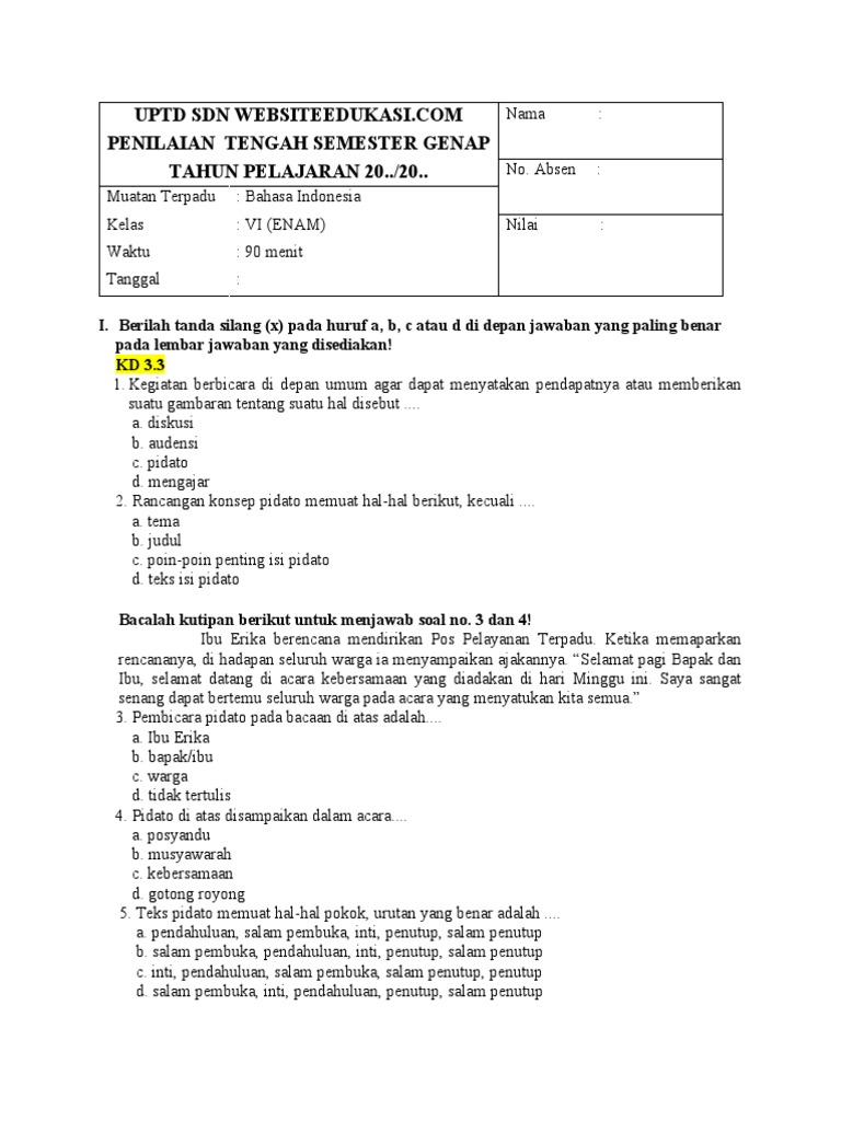 Soal PTS 2 Bahasa Indonesia Kelas 6 K13 | PDF | Seni & Disiplin Bahasa