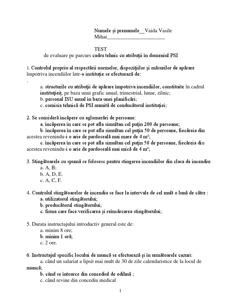 Test de Verificare Parcurs 2022 Cadru Tehnic Psi | PDF