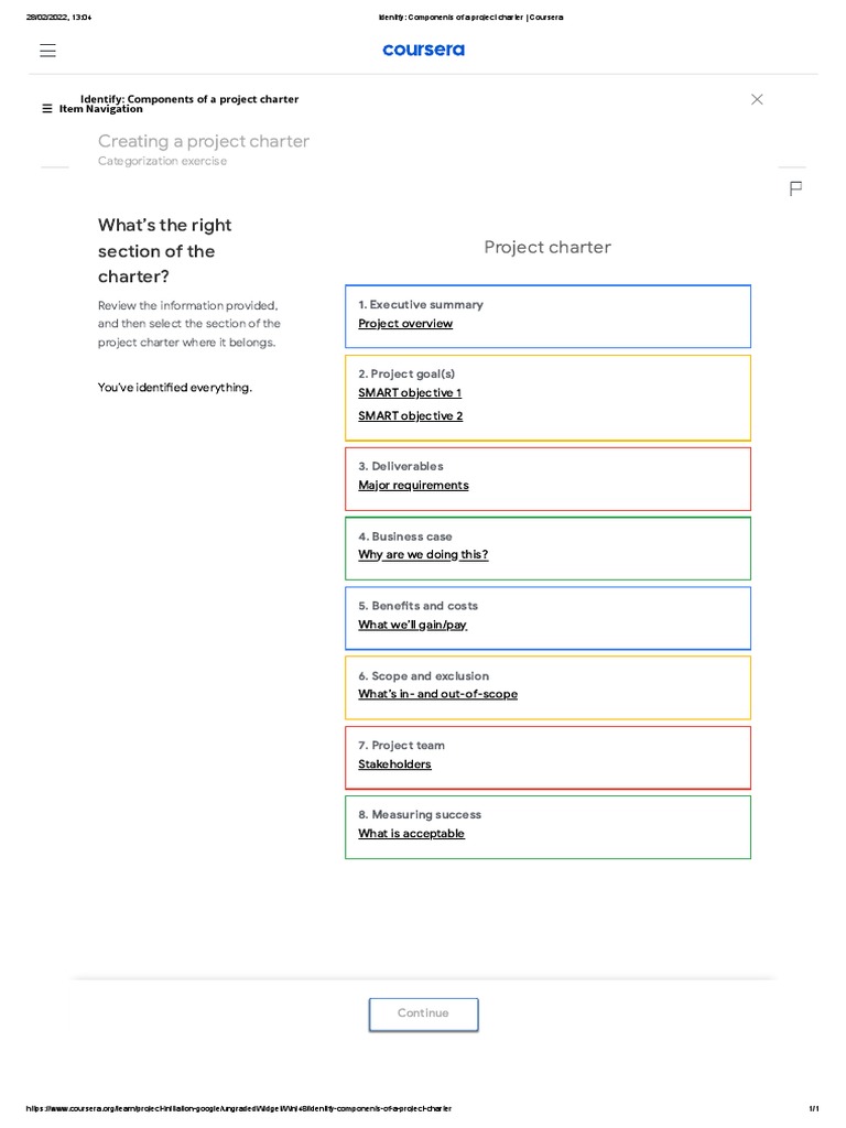 Identify - Components of A Project Charter - Coursera | PDF | Business