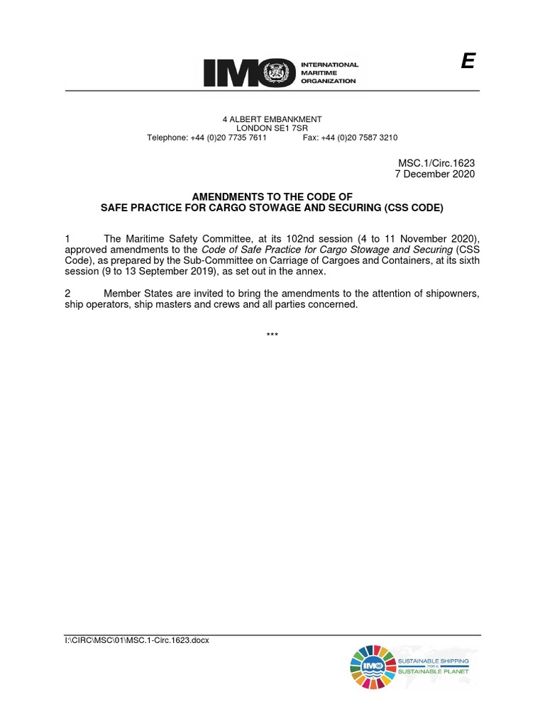 Amendments To The Code of Safe Practice For Cargo Stowage and Securing ...