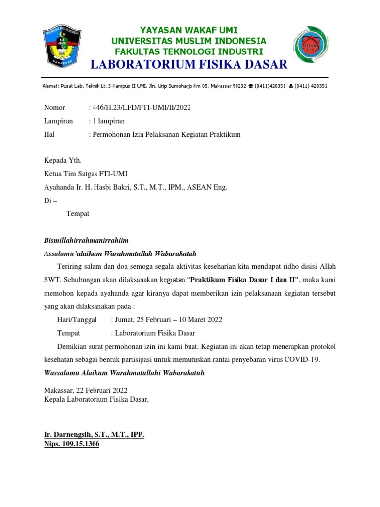 Surat Permohonan Izin Lab Fisika Dasar | PDF
