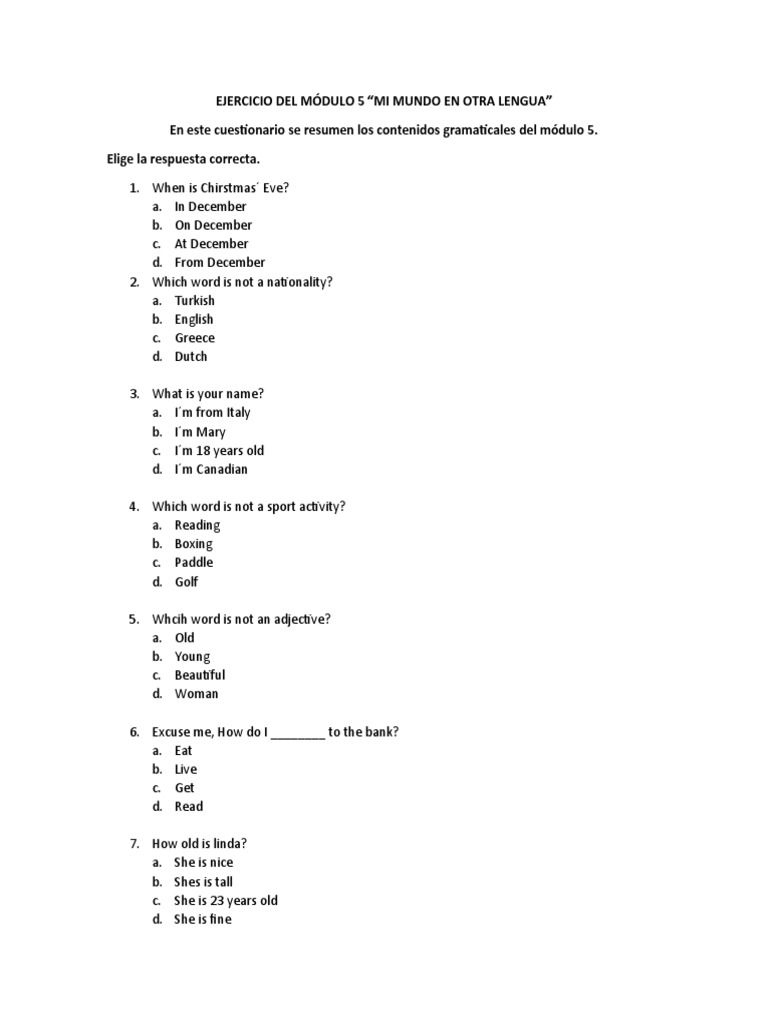EJERCICIO DEL MÓDULO 5 Mi Mundo en Otra Lengua | PDF | Linguistics ...