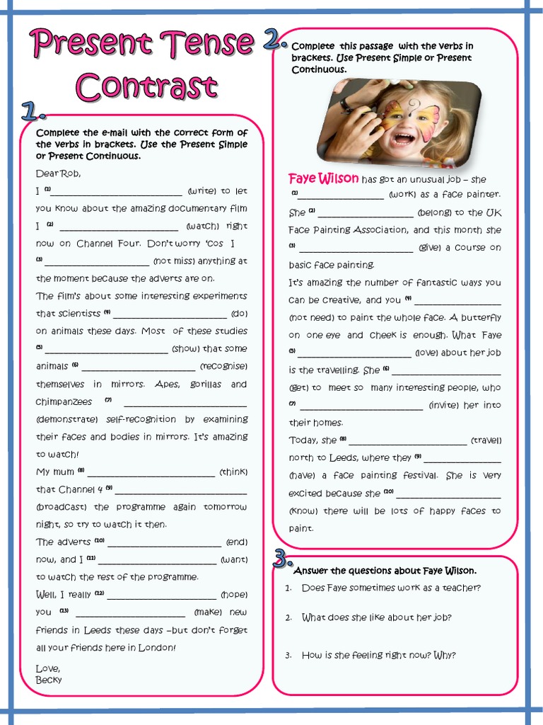 Present Tense Contrast Grammar Drills Reading Comprehension Exercises ...
