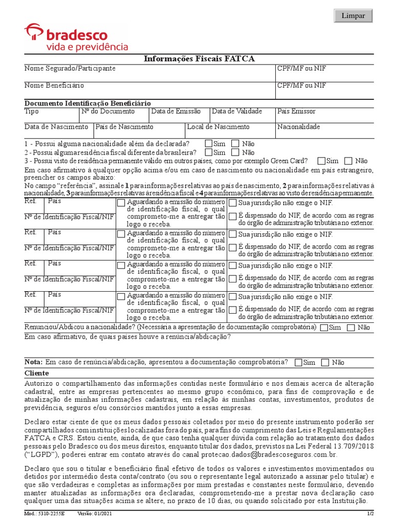 Formulário de Informações Fiscais FATCA e CRS | PDF | Visto para viagem ...