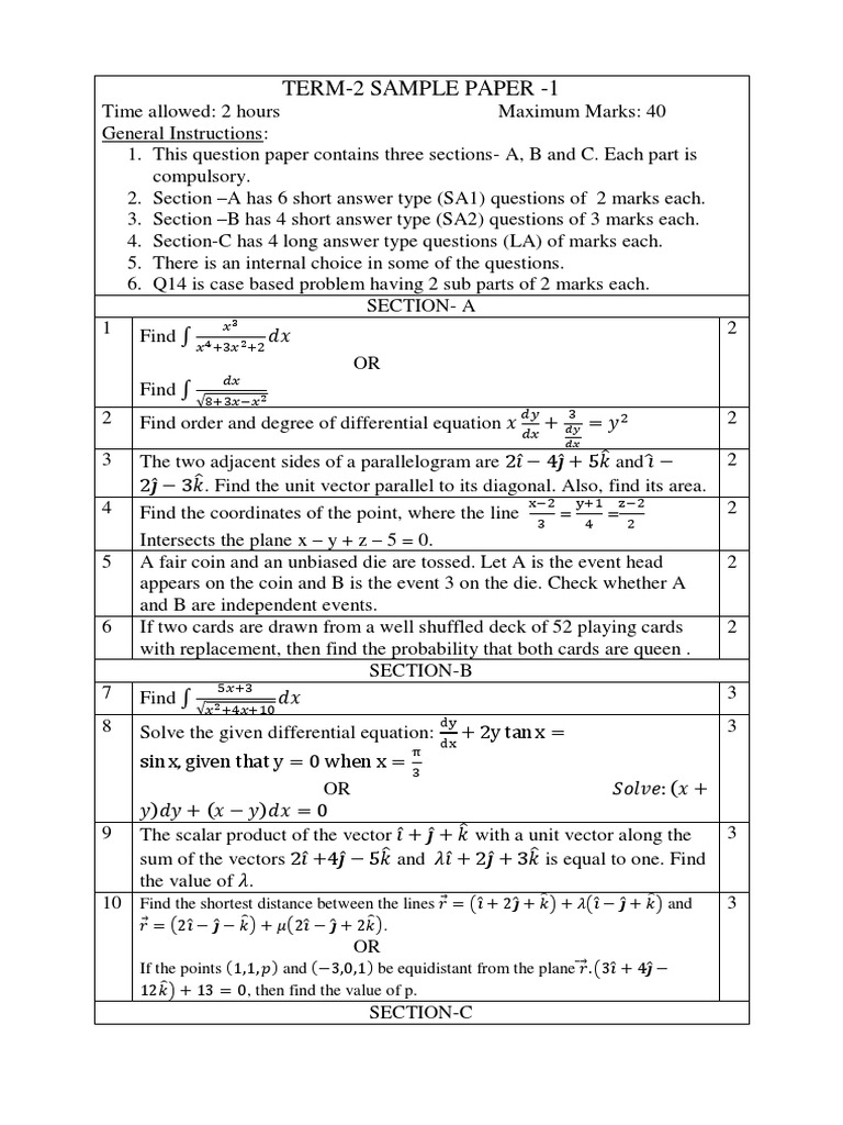 Math Term 2 Sample Paper 1 | Download Free PDF | Plane (Geometry ...