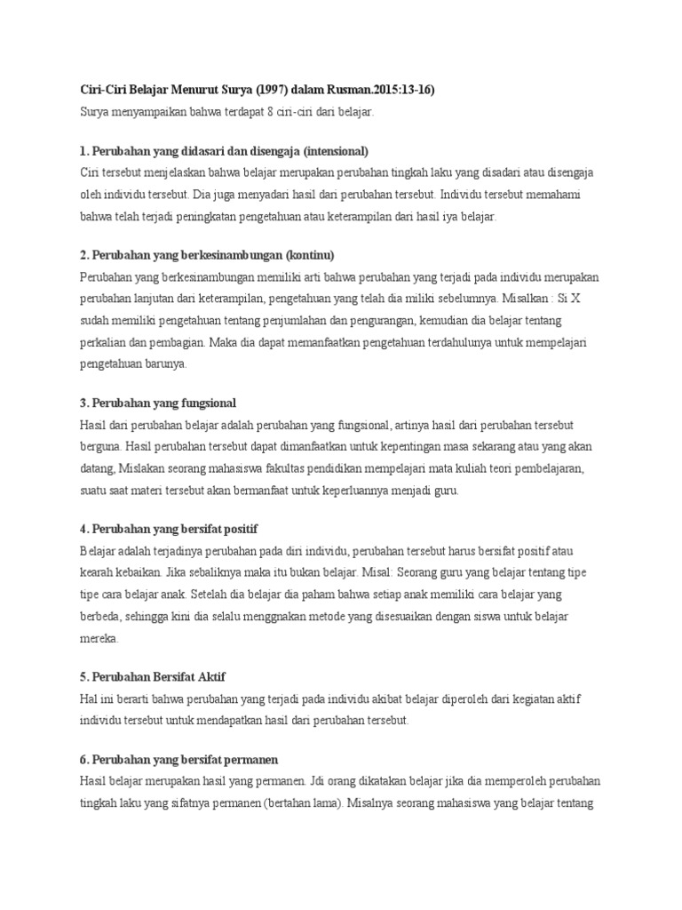 Ciri-Ciri Perubahan Perilaku Hasil Belajar | PDF