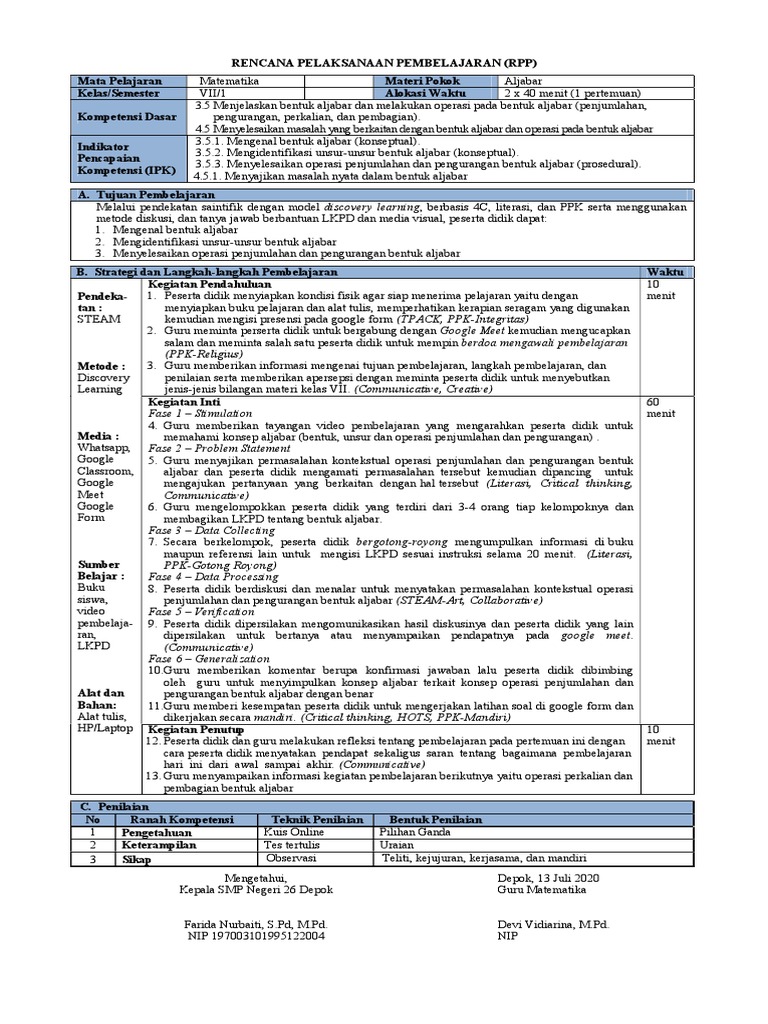 RPP Aljabar Kelas 7 | PDF | Karier & Perkembangan