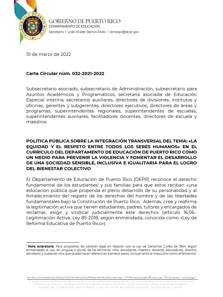 Carta Circular Num. 32-2021-2022-La Equidad y El Respeto | PDF | Plan ...