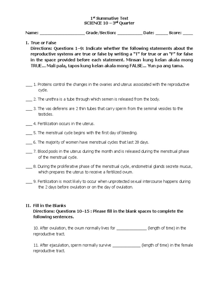 1st Summative Test Q3 | PDF | Reproductive System | Menstrual Cycle
