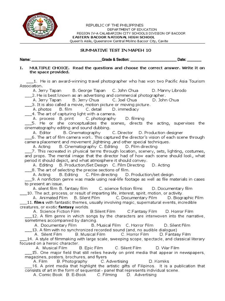 Grade 10 SUMMATIVE TEST 21 22 ARTS | PDF | Cinematography | Fantasy