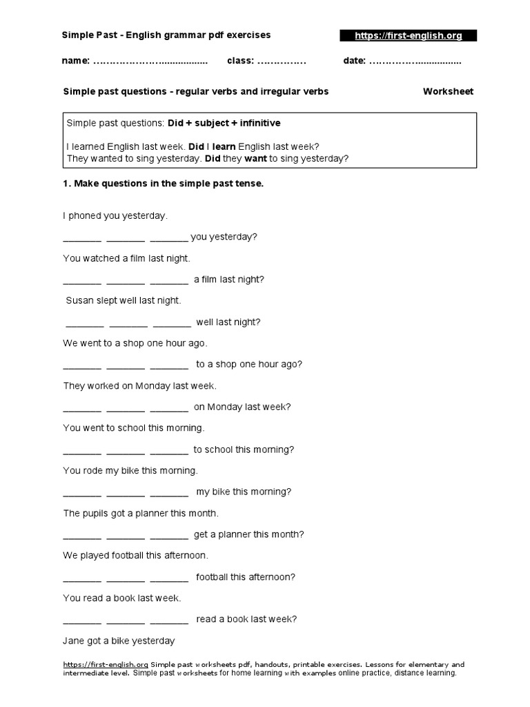 Simple Past - English Grammar PDF Exercises Name ...