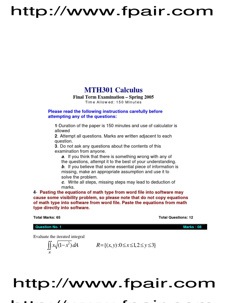 MTH301 Calculus Final Exam Spring 2005 | PDF | Geometry | Teaching ...