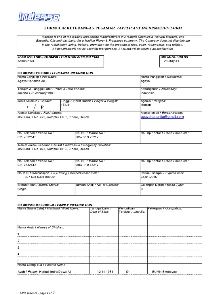 Indesso HR Applicant Information Form | PDF | Essential Oil | Nature