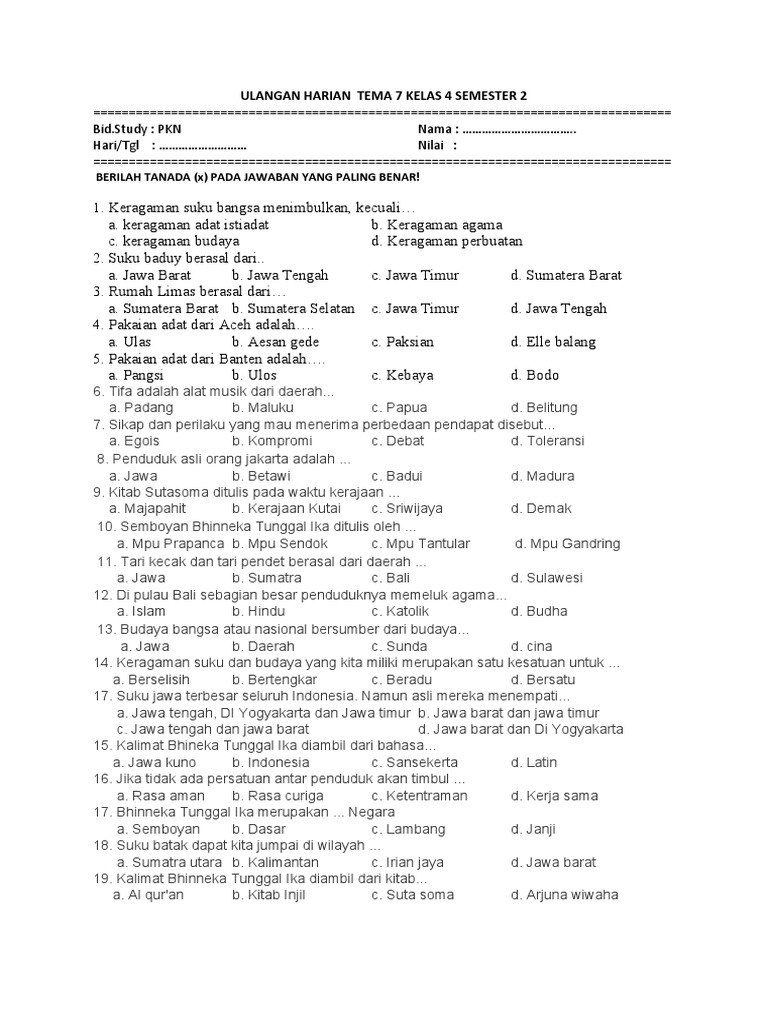 Soal UH Tema - 7 Semester - 2-4 | PDF | Perjalanan | Seni & Disiplin Bahasa