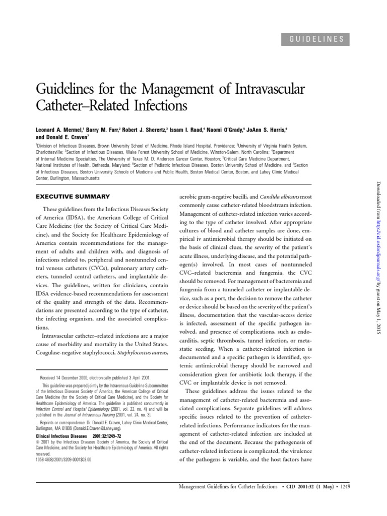 Guidelines For The Management of Intravascular Catether Related ...