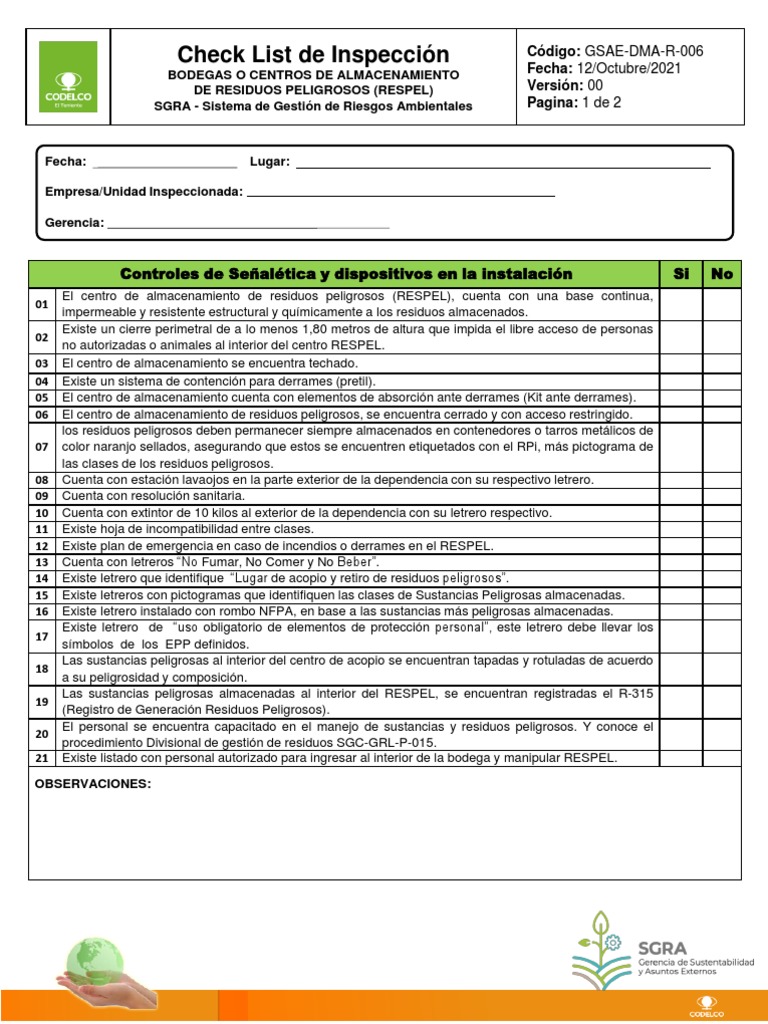 Check List para Bodegas RESPEL (GSAE-DMA-R-006) | PDF