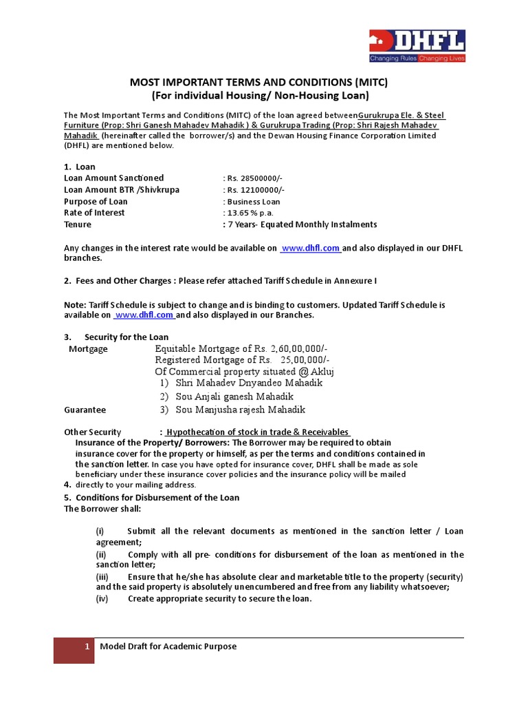 Most Important Terms and Conditions (Mitc) (For Individual Housing/ Non-Housing Loan) | PDF ...