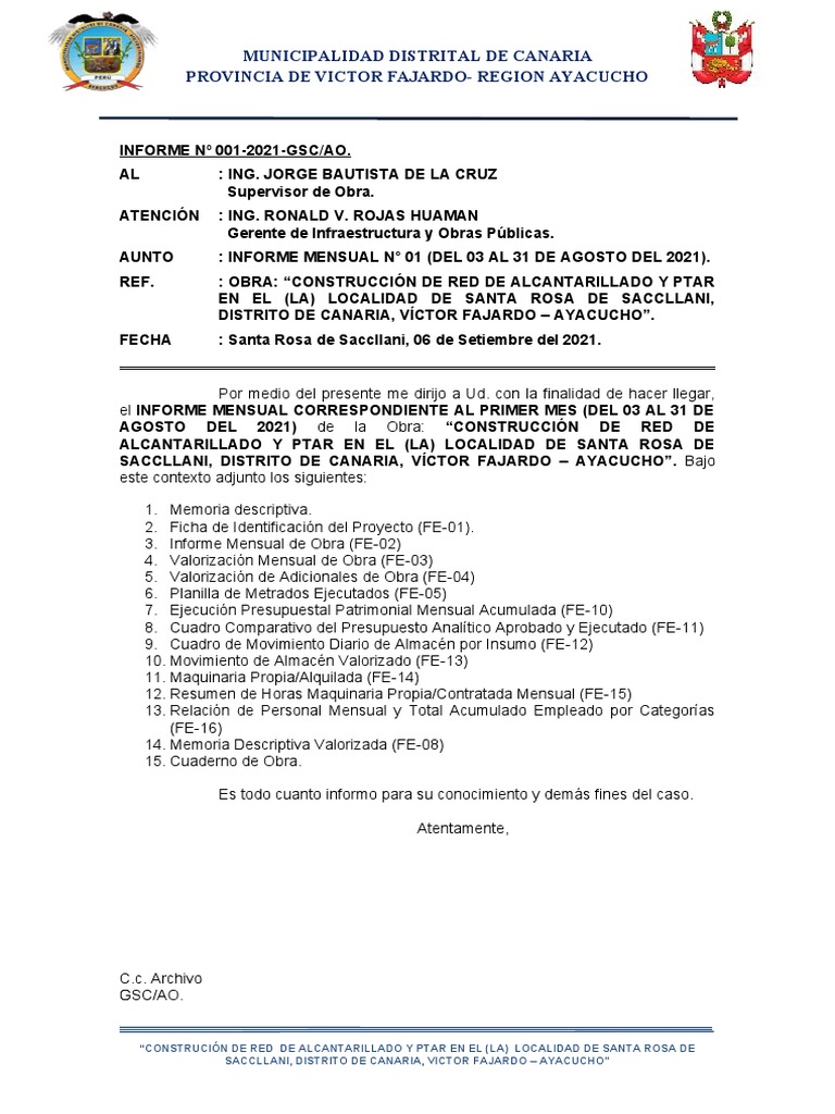 Informe Mensual Agosto 2021 - Residente de Obra | PDF Informe Mensual Agosto 2021 - Residente de Obra | PDF