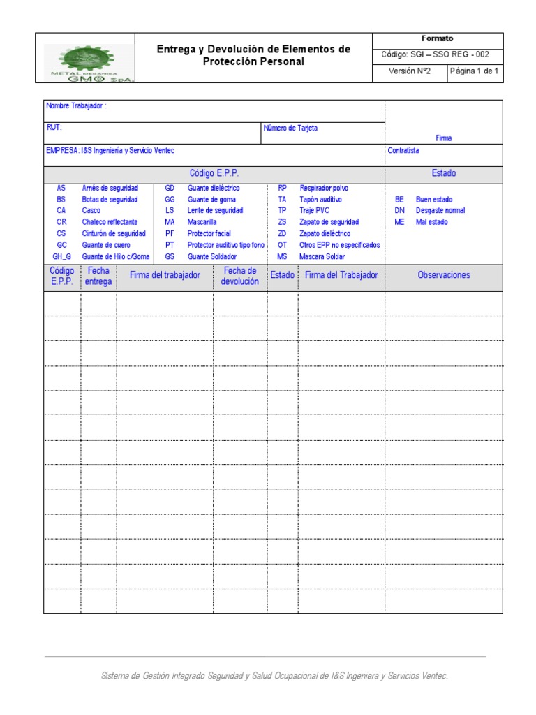 SGI - SSO REG 002 Entrega y Devolución EPP | PDF
