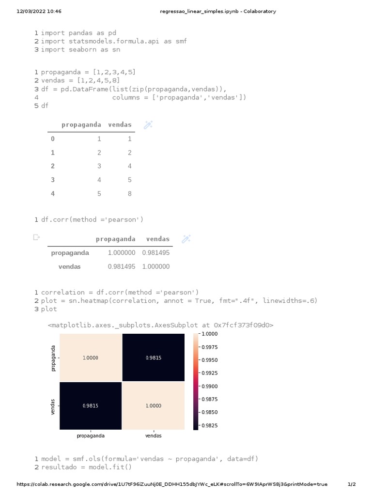 Regressao Linear Simples Ipynb Colaboratory Pdf Ordinary Least Squares Coefficient Of