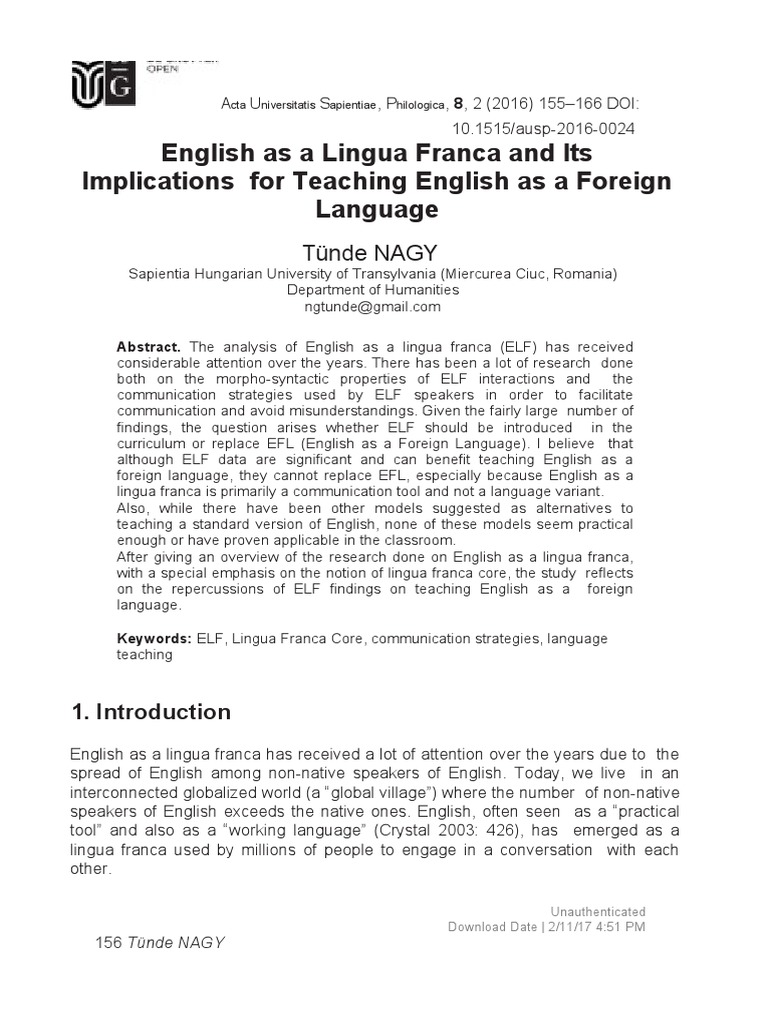 Analyzing the Implications of English as a Lingua Franca Research for ...