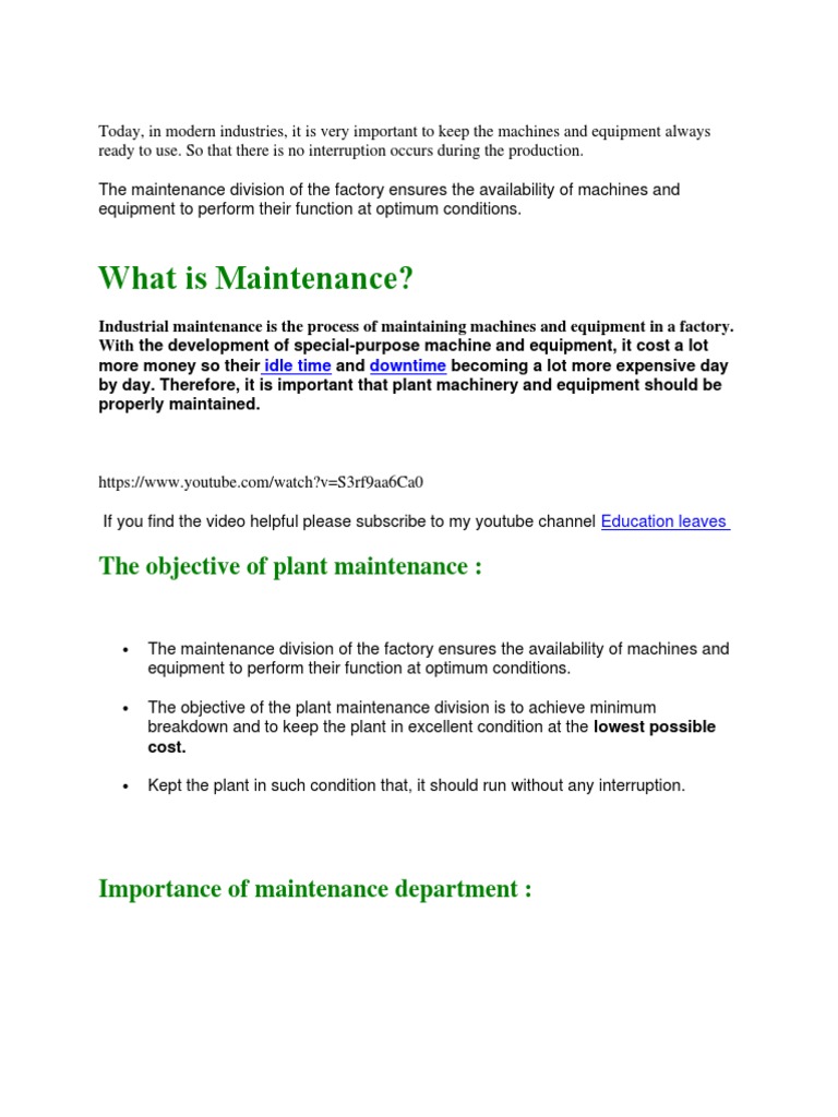 What Is Maintenance?: The Objective of Plant Maintenance | PDF ...