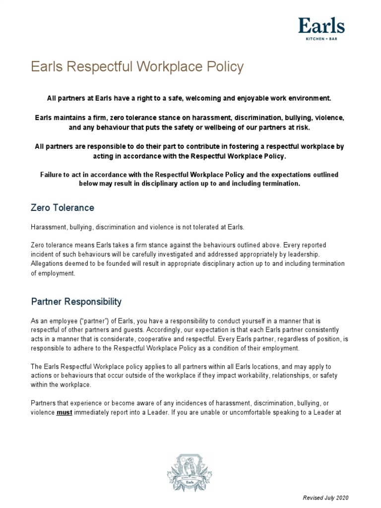 Earls Respectful Workplace Policy | PDF | Sexual Harassment | Harassment