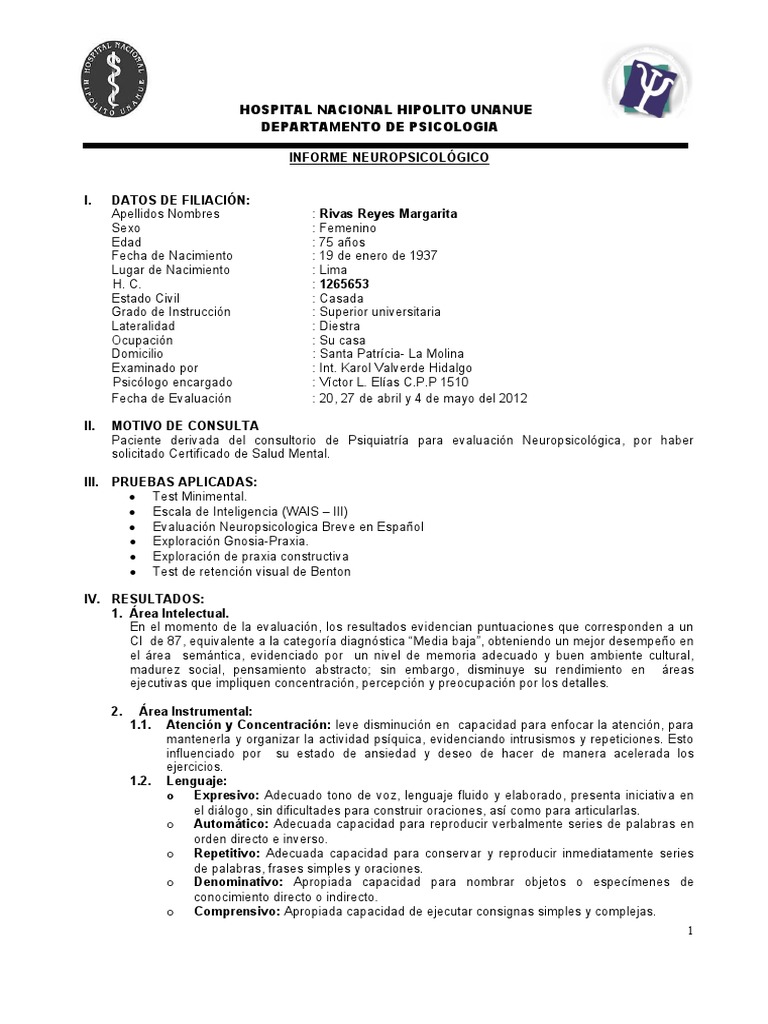 Informe Psicologico de Salud Mental | PDF | Cociente de inteligencia | Sicología