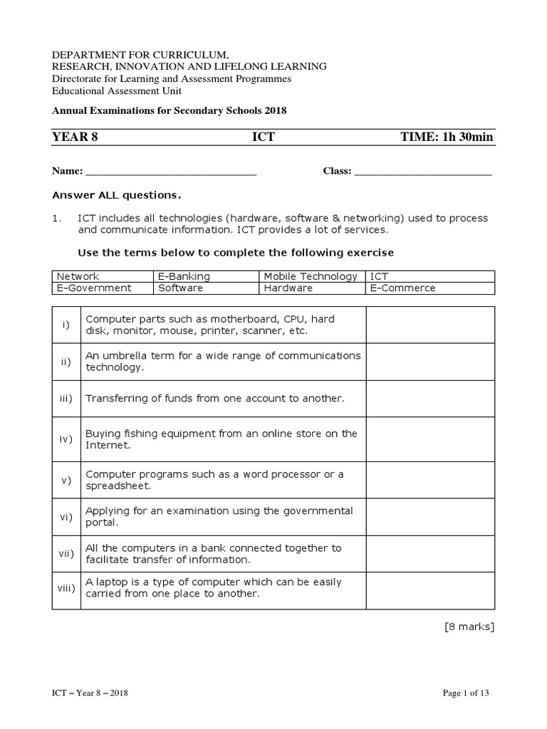 Year 8 Ict Time: 1H 30min | PDF | Laptop | Computer Hardware