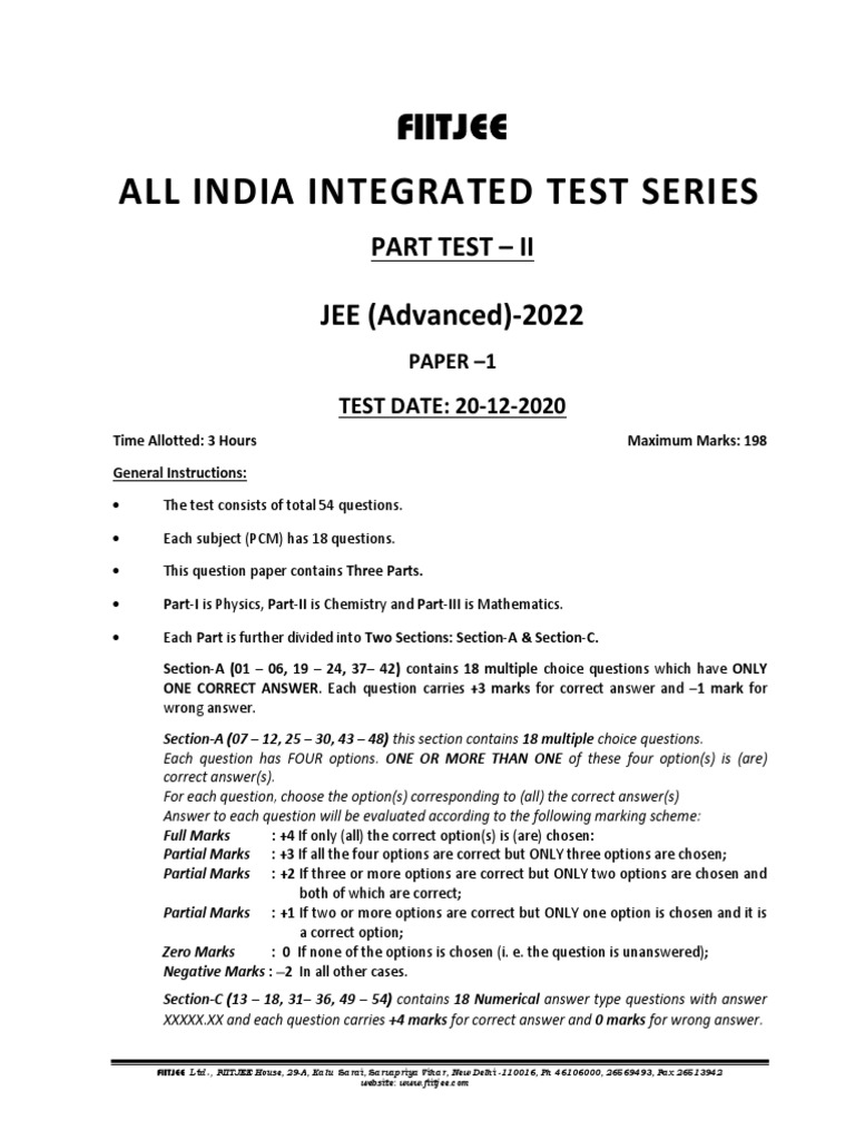 All India Integrated Test Series: JEE (Advanced) - 2022 | PDF | Carbon ...