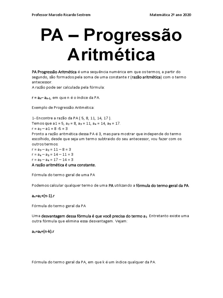 APOSTILA PA E PG Com Exercícios Resolvidos | PDF | Sequência | Estruturas matemáticas