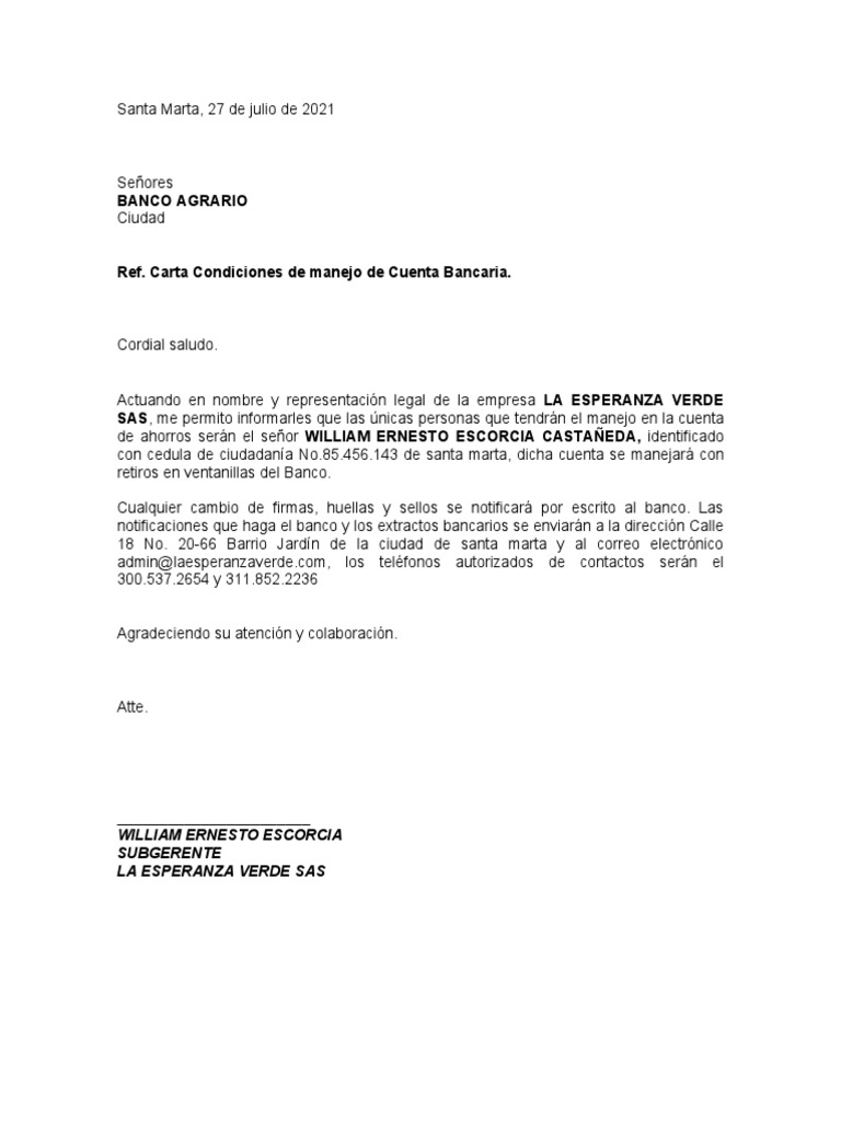Carta Condiciones de Manejo Cuenta Banco Agrario | PDF Carta Condiciones de Manejo Cuenta Banco Agrario | PDF