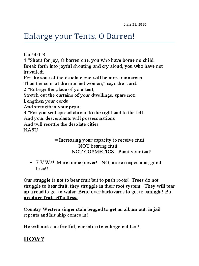 Enlarge Your Tents, O Barren!: June 21, 2020 | PDF