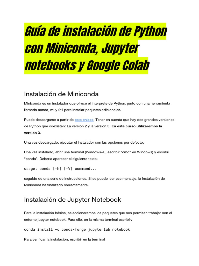 Guía de Instalación de Python Con Miniconda, Jupyter Notebooks y Google Colab | PDF | Interfaz ...