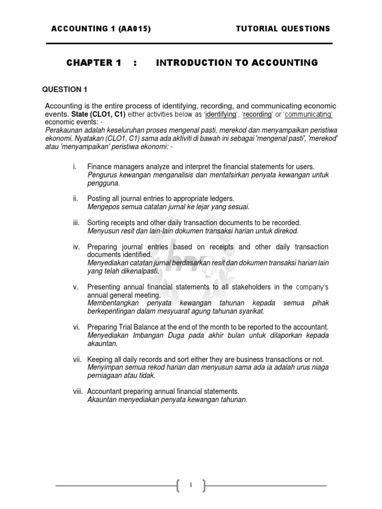 Introduction To Accounting: Accounting 1 (Aa015) Tutorial Questions | PDF