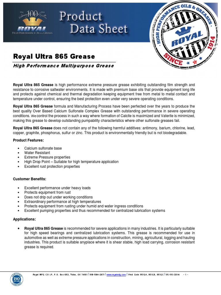Royal Ultra 865 Grease: High Performance Multipurpose Grease | PDF ...