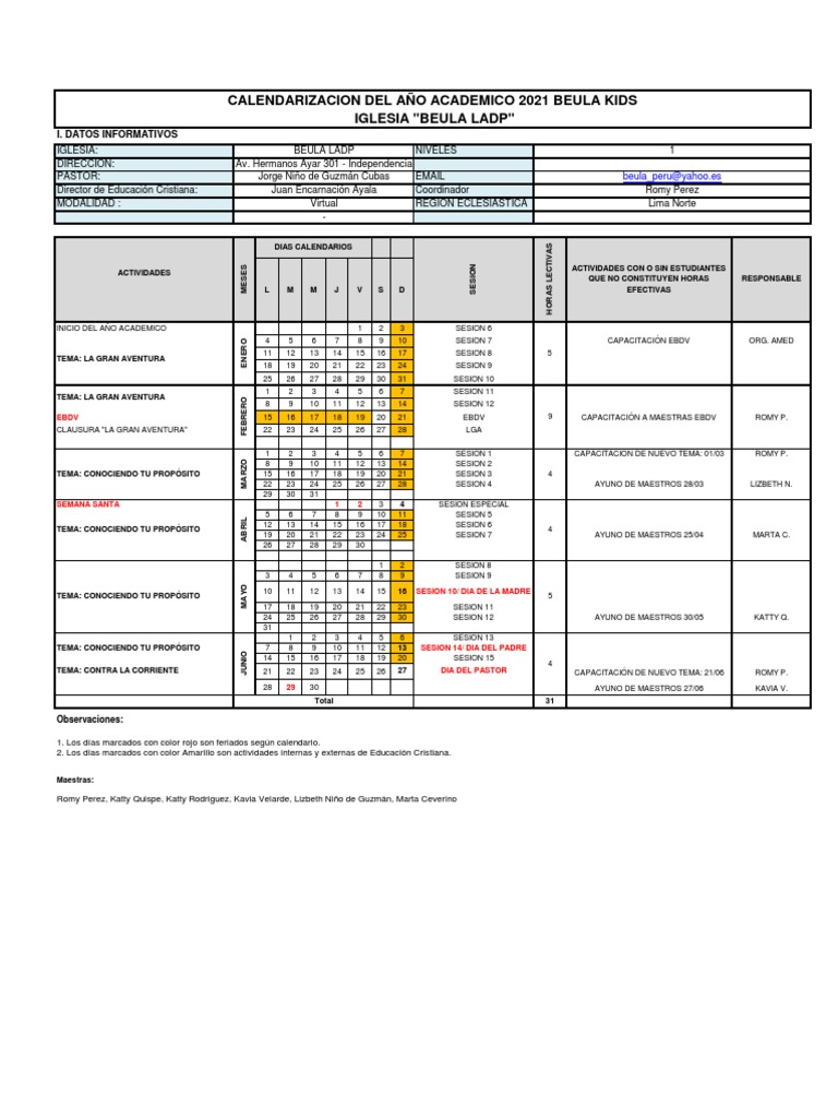 Calendarizacion-Beula Kids 2021-Ene-Jun | PDF