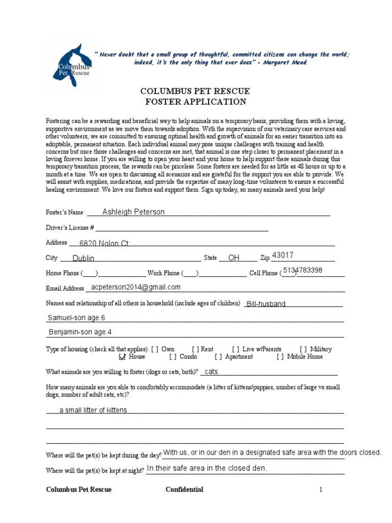 Columbus Pet Rescue Foster Application | PDF | Cats | Animals And Humans