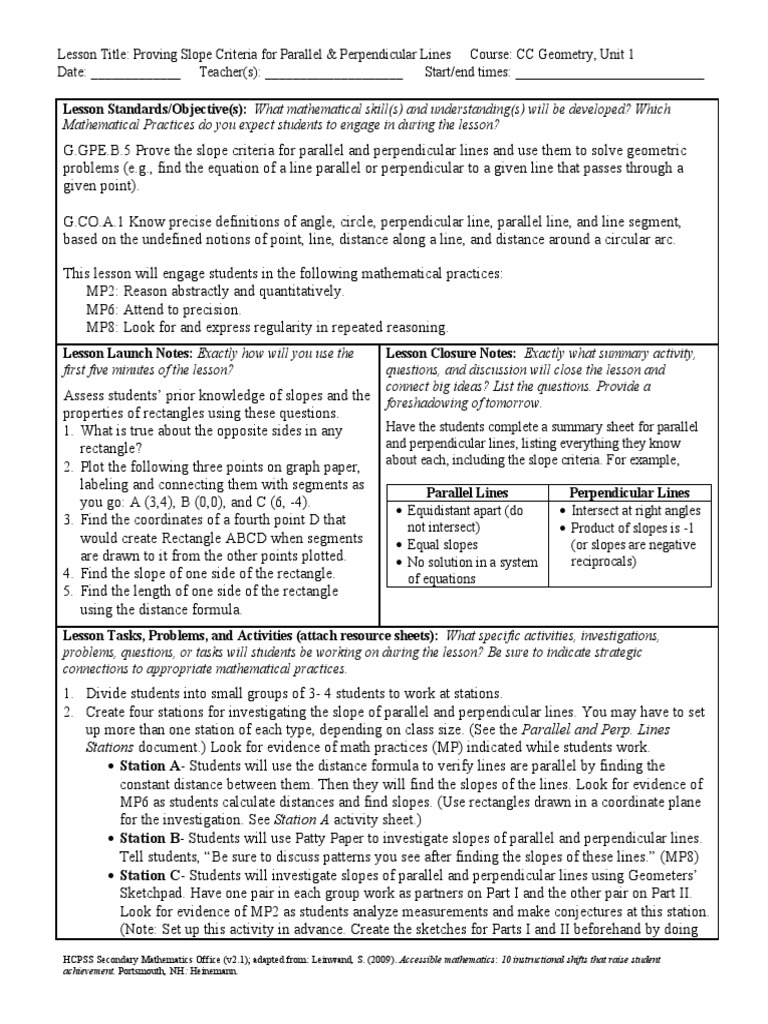 G Gpe B 5 Lesson Slope Criteria Parallel and Perpendicular | PDF | Line ...