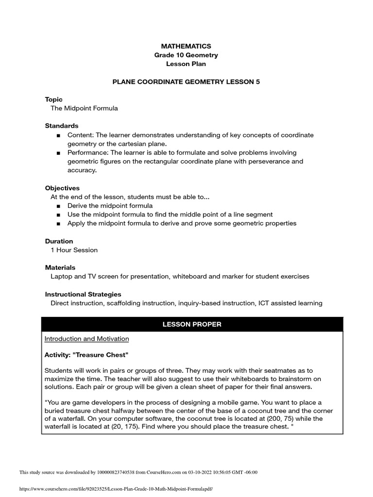 Mathematics Grade 10 Geometry Lesson Plan Plane Coordinate Geometry ...